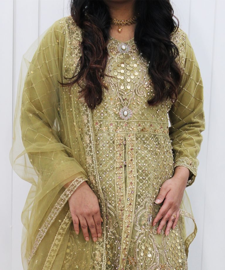 Pakistani party dresses women available | Golden And Light Green Color
